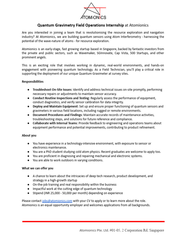 Atomionics, Singapore Offeres Quantum Gravimetry Field Operations Internship | PDF