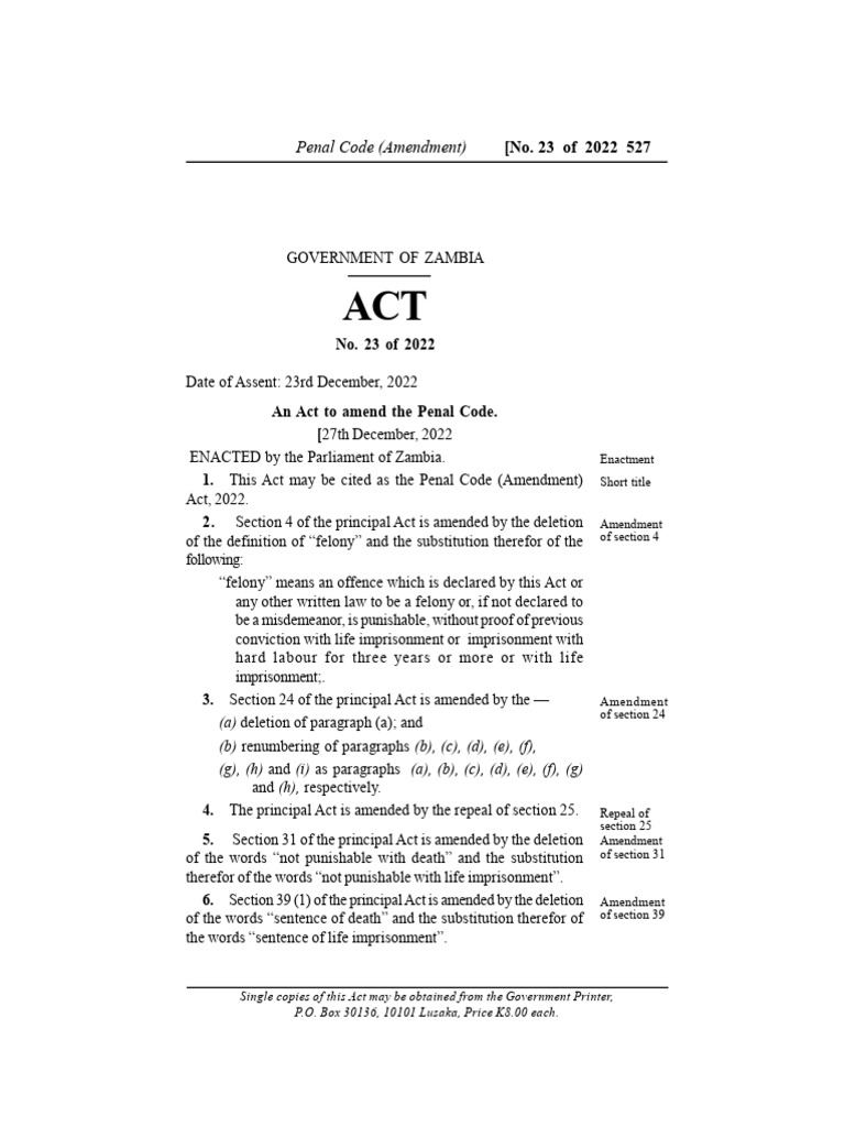 Act No. 23 Penal Code (Amendment), 2022 | PDF | Felony | Life Imprisonment