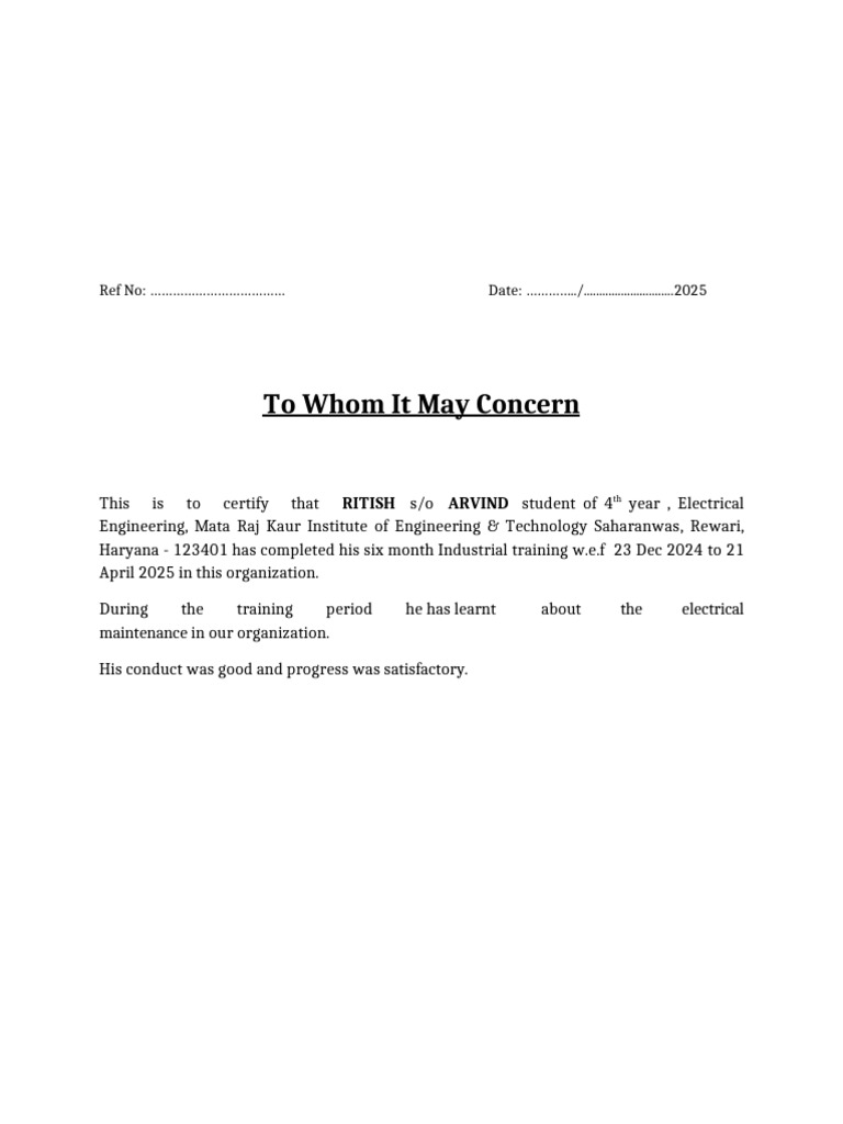 Industrial Training Certificate for Engineers | PDF