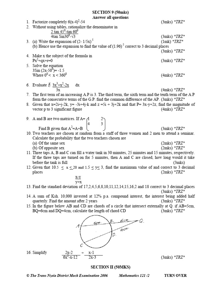 2006 Transzoia District Paper 2 1 | PDF | Mathematics | Mathematical ...