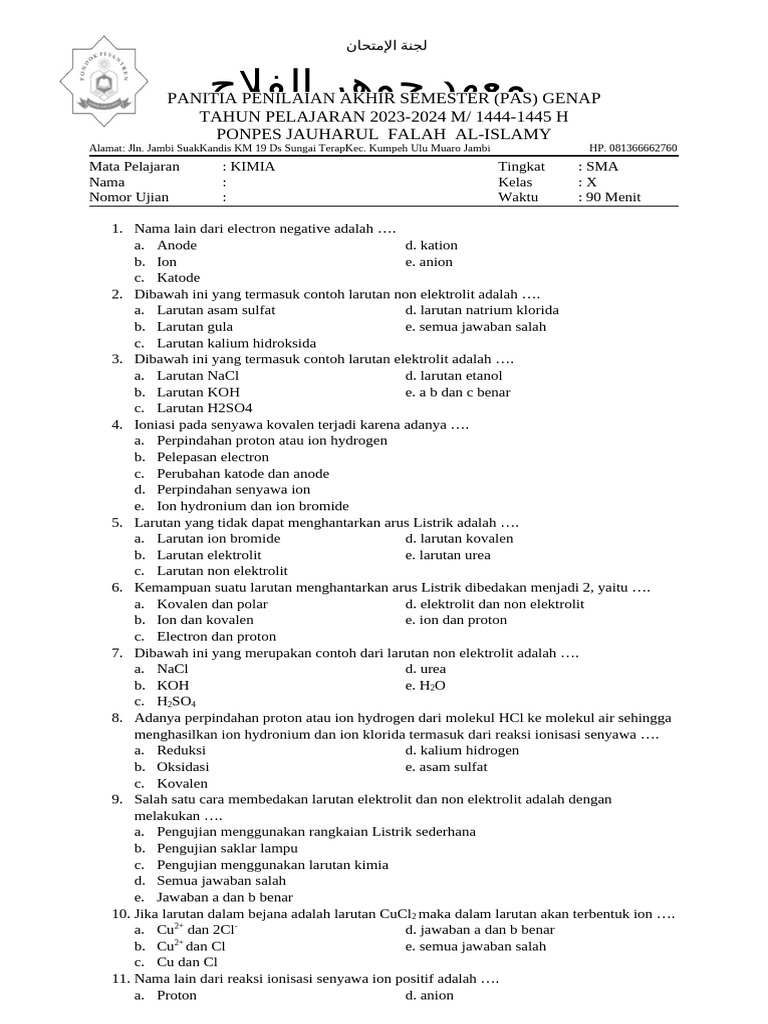 SOAL KIMIA KELAS X GENAP 2024 | PDF