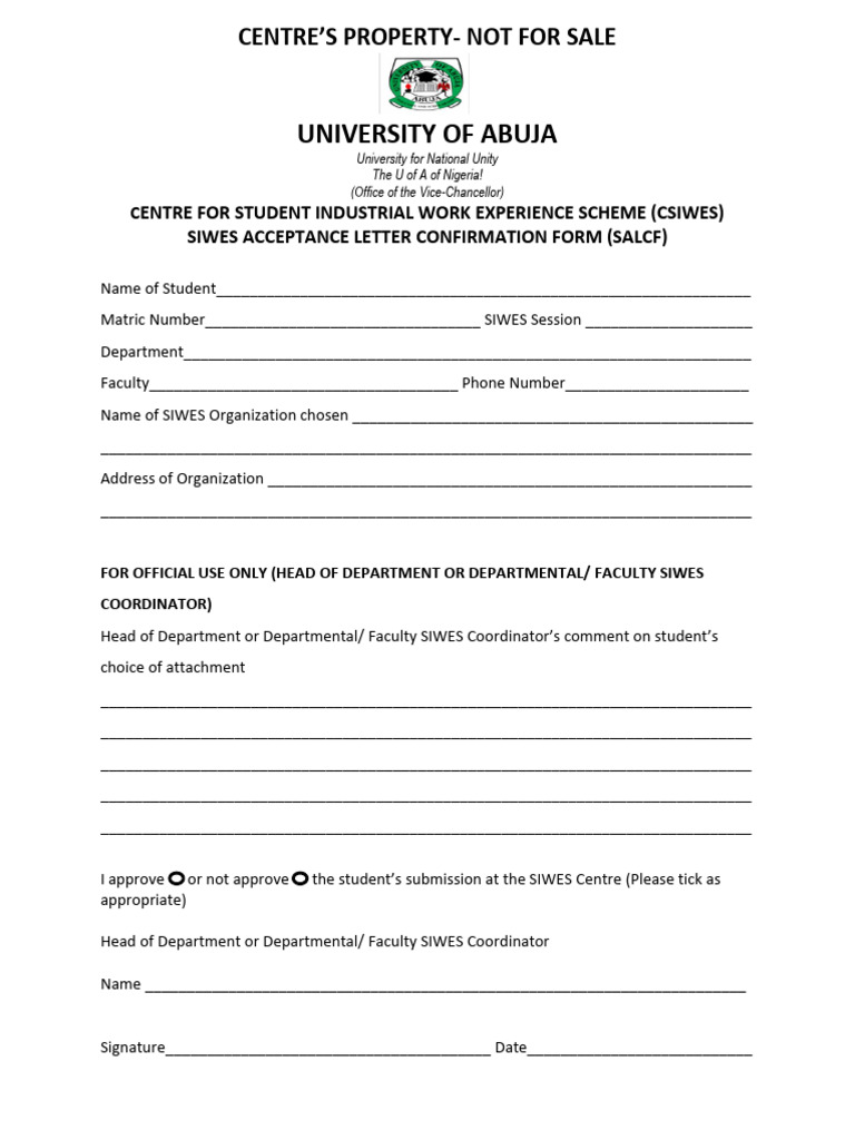 SIWES Acceptance Letter Confirmation Form | PDF