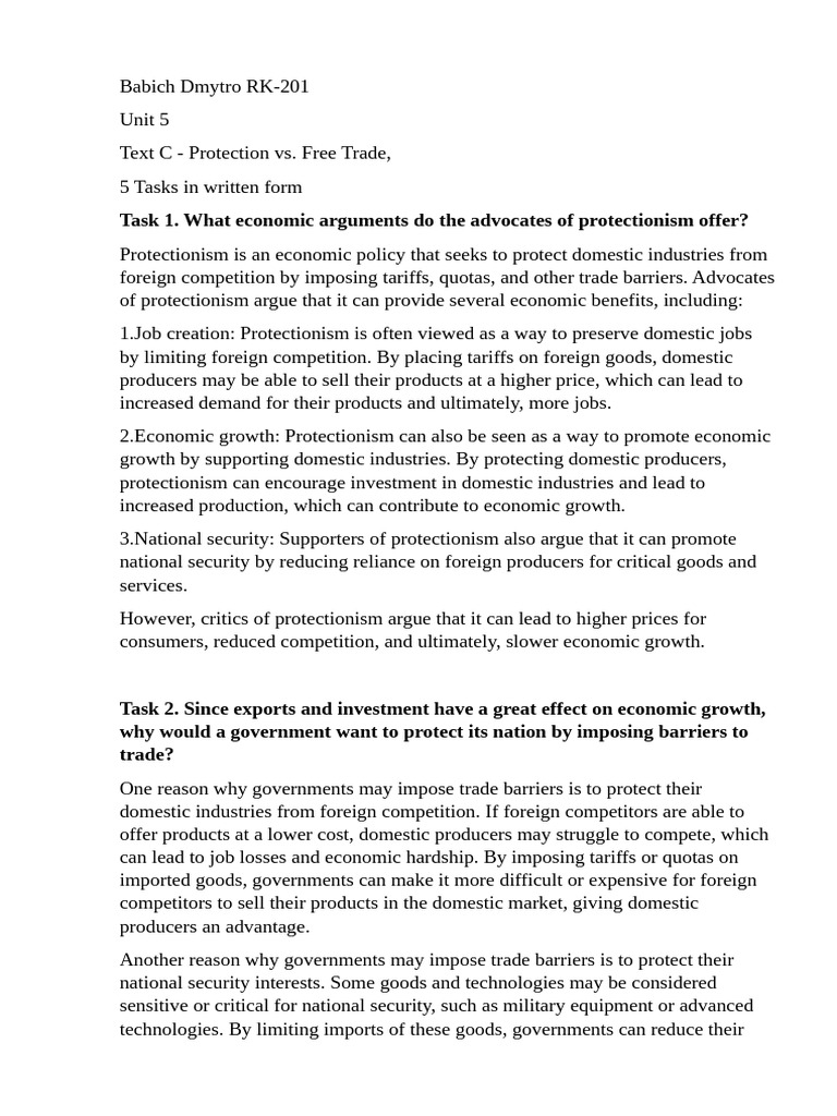 Babich Dmytro RK-201 Text C (5 Tasks) 08.03.2023 | PDF | Protectionism | Free Trade