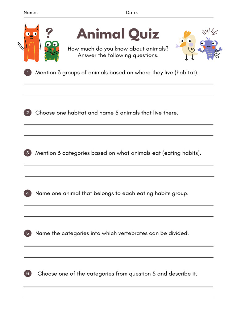 Animal Quiz Worksheet in Colorful Simple Style | PDF
