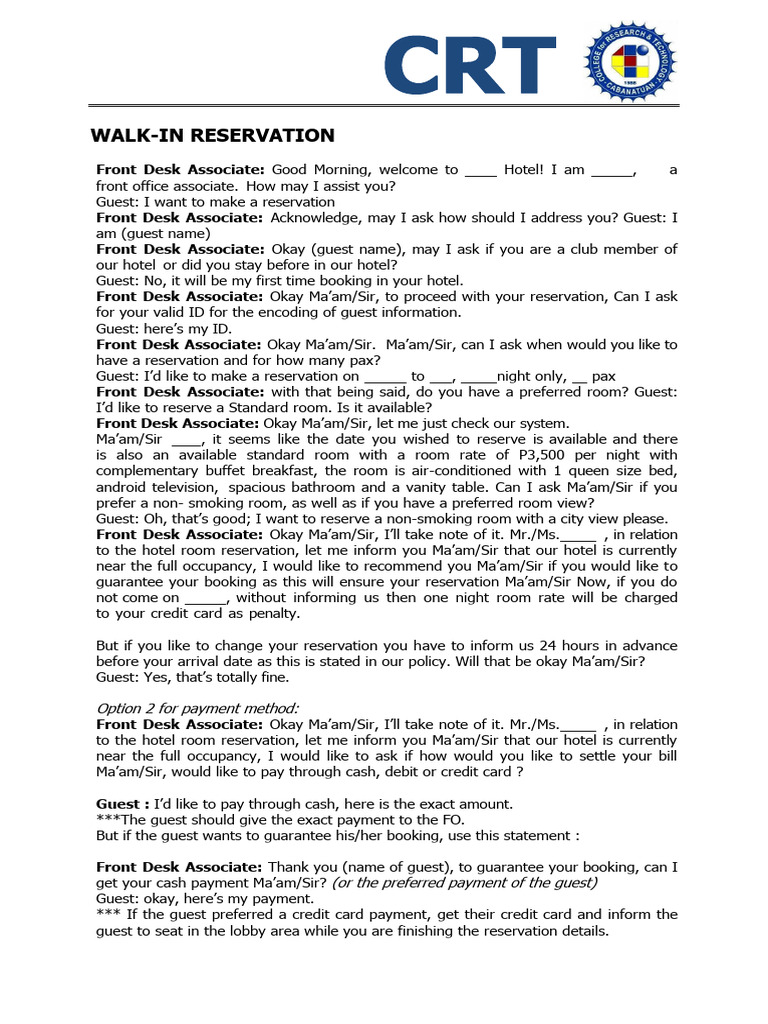 Walk-In Hotel Reservation Process Guide | PDF | Credit Card | Payments