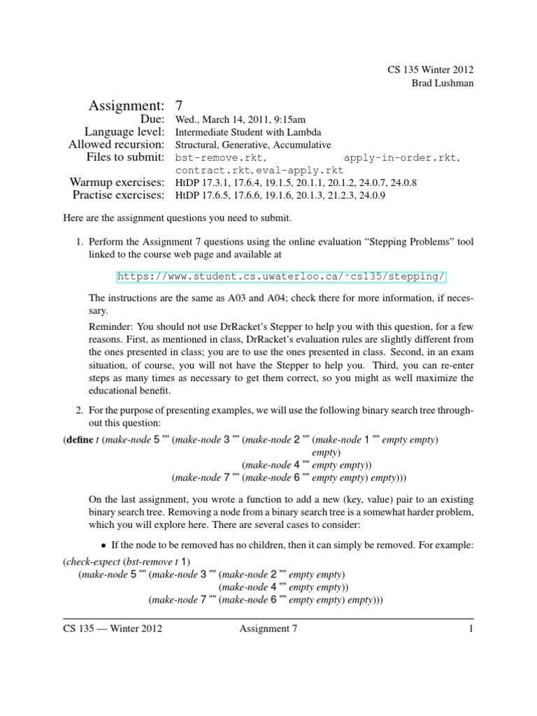 Assignment: 7: Due: Language Level: Allowed Recursion: Files To Submit: Warmup Exercises ...