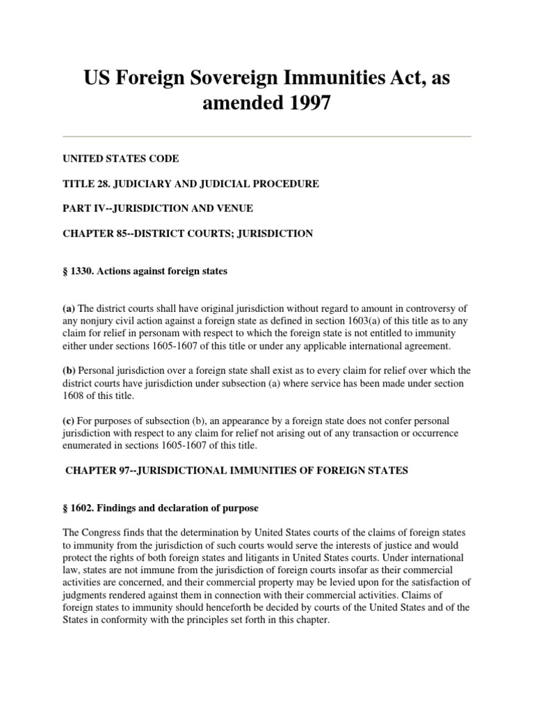 US Foreign Sovereign Immunities Act, As Amended 1997 | PDF | Service Of ...