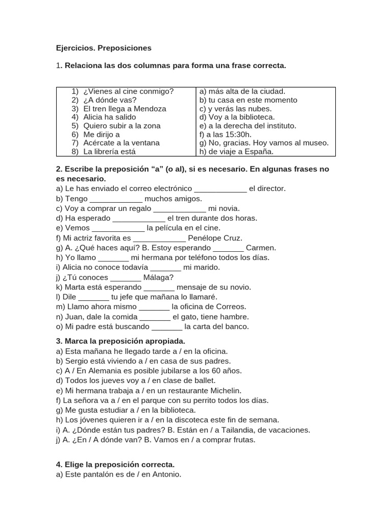 Ejercicios de Preposiciones en Español | PDF