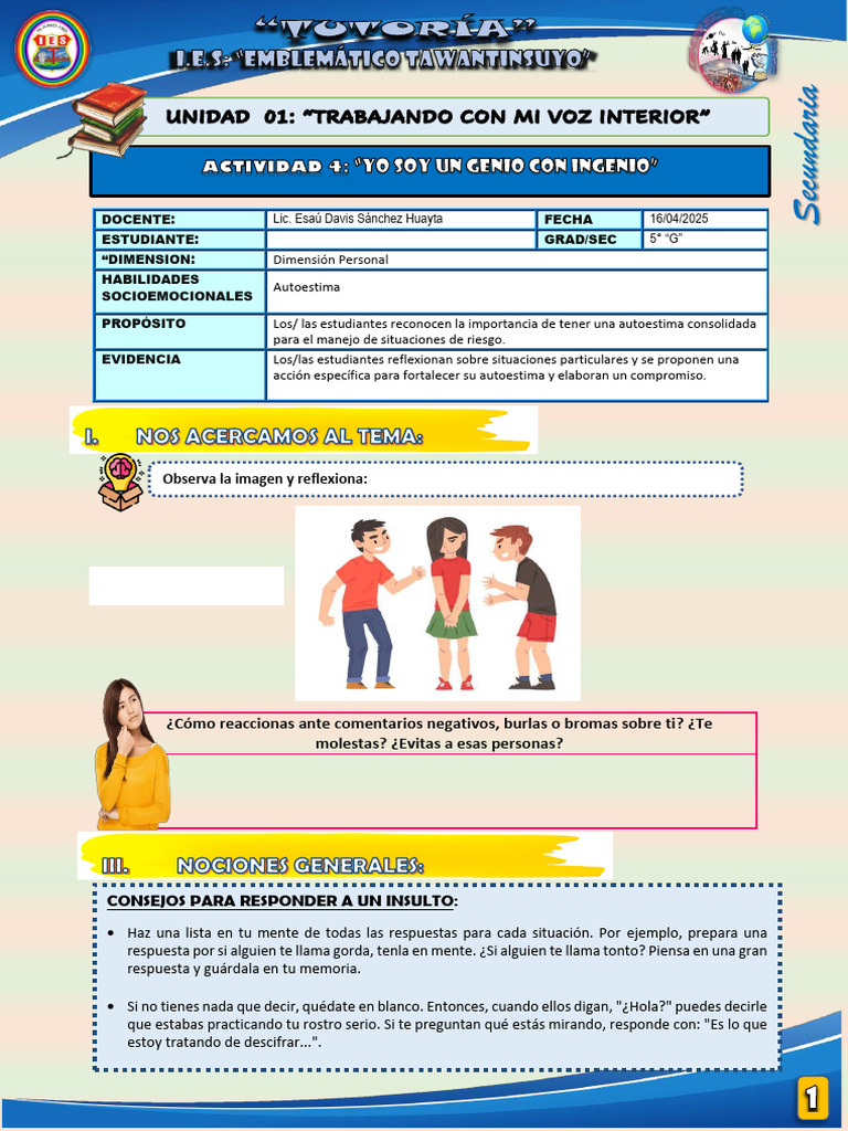 Ficha de Actividad S4 (U1) Ciclo VII (5°) - TUTORÍA | PDF