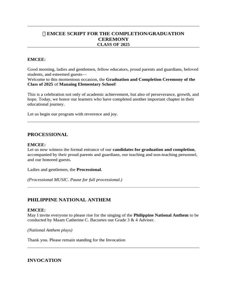 EMCEE SCRIPT FOR THE Graduation | PDF