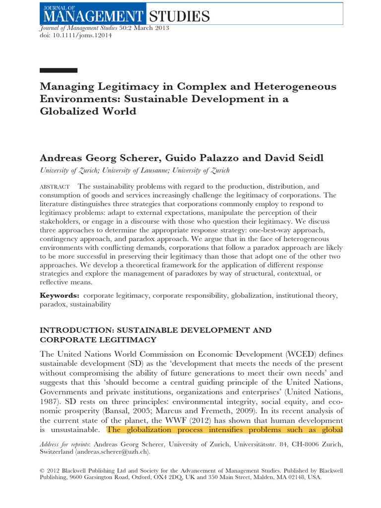 Managing Legitimacy in Complex and Heterogeneous Environments: Sustainable Development in A ...