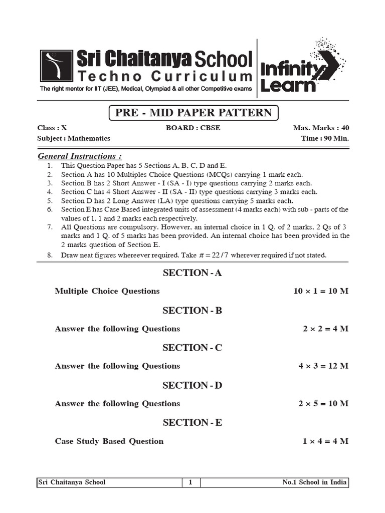 CBSE X Class Mathematics Pre Mid Term Question Paper Pattern | PDF