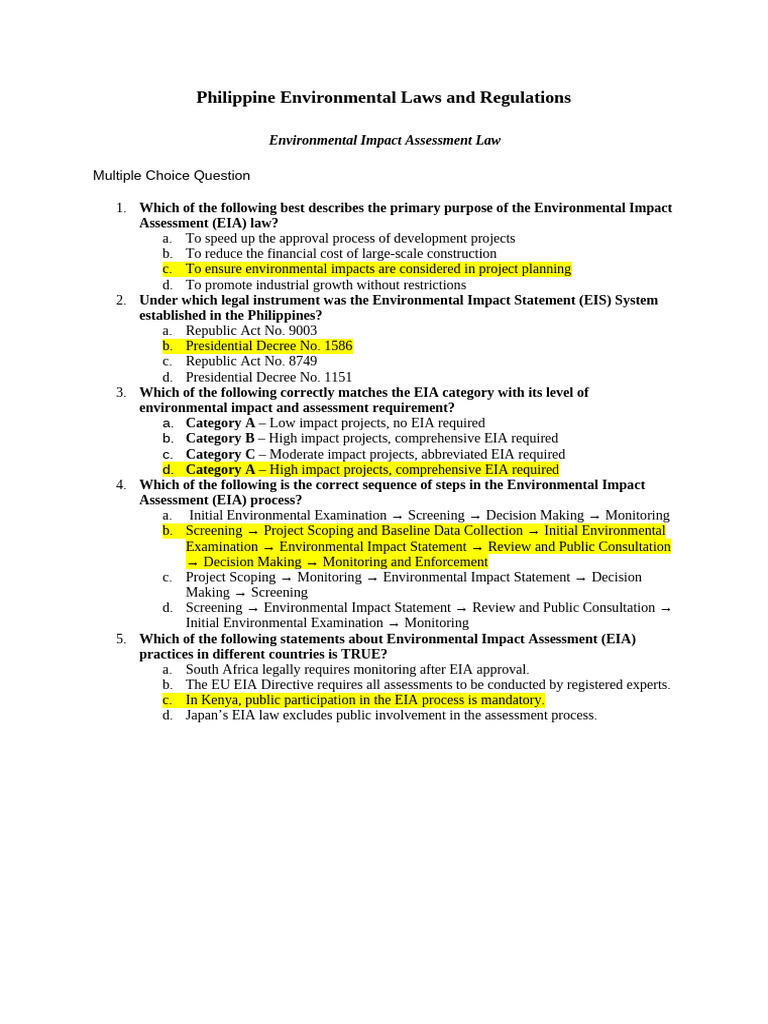 Philippine Environmental Laws and Regulations (Questionnaire) | PDF
