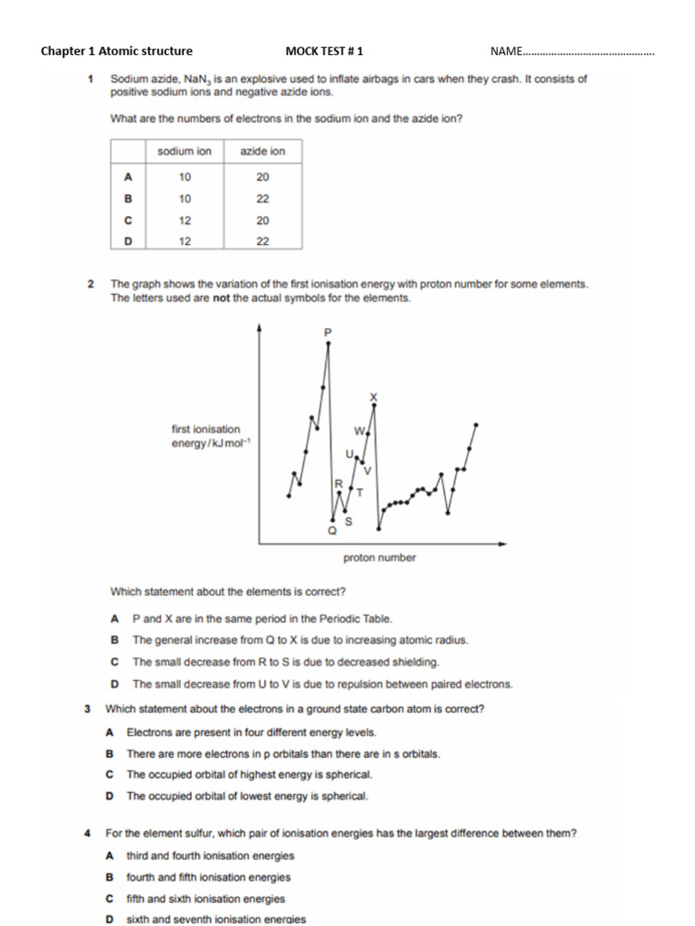 Atomic Structure Mock Test 1 | PDF