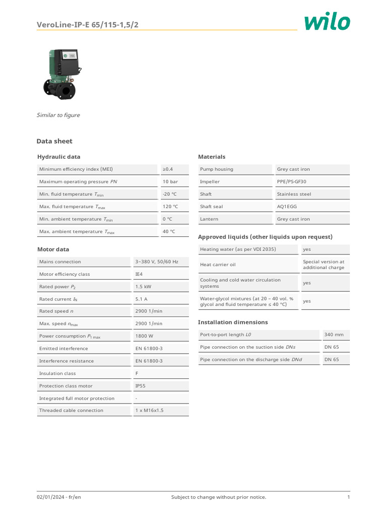 Wilo Datasheet - FR - en - 2158824 - Veroline Ip e 65 115 1 5 2 | PDF | Continuum Mechanics ...