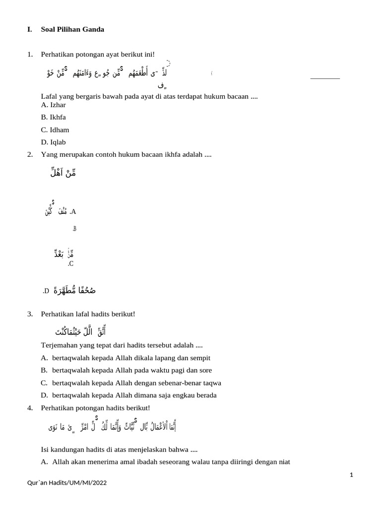 Naskah Soal Um Quran Hadits | PDF