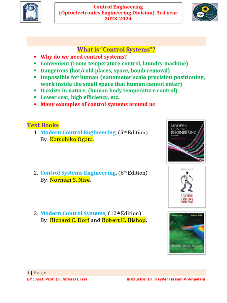 Control - Engineering - I - Lec - 01 - Introduction (Laser) | PDF | Feedback | Control Theory