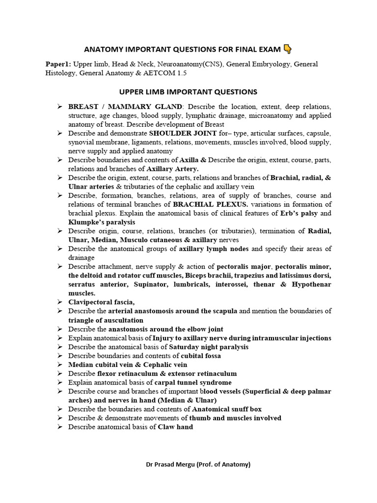 Vamc Anatomy Important Questions For Final Exam | PDF | Hand | Vein