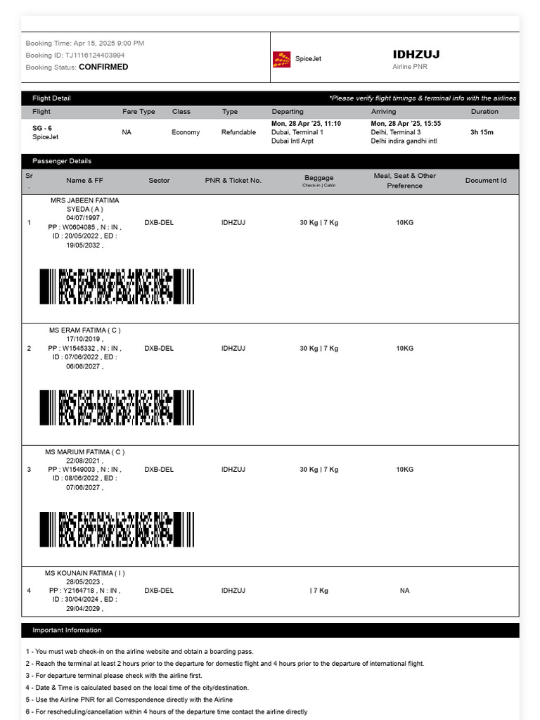 Mrs. Jabeen - Fatima - Syeda X 04 - DXB Del - Spicejet-1 | PDF ...