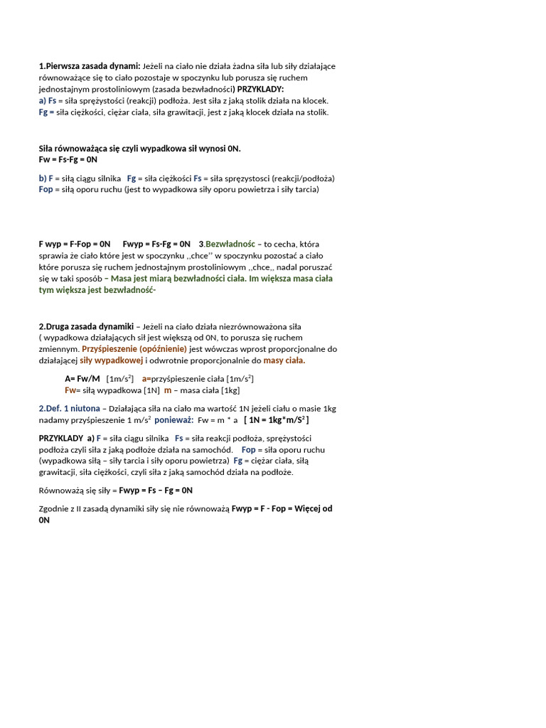 FIZYKA - Dynamika I, II, III Zasada Dynamiki | PDF