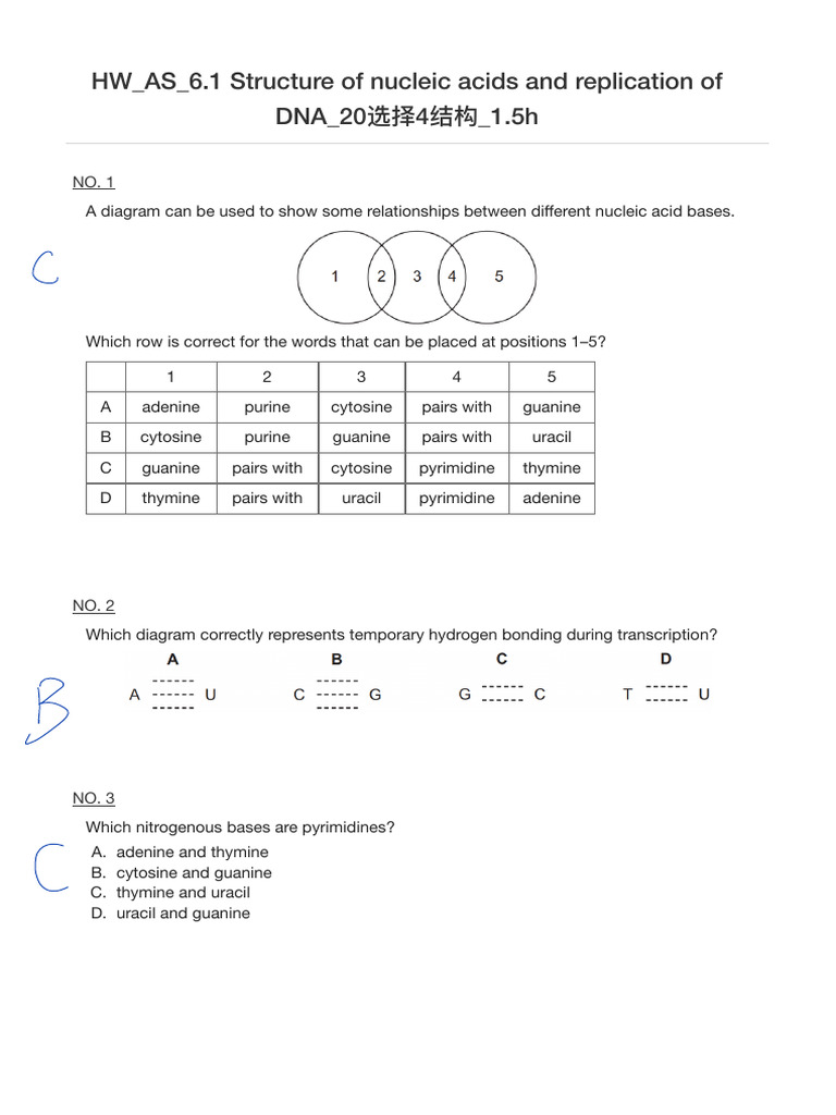 HW - AS - 6.1 Structure of Nucleic Acids and Replication of DNA - 20选择4 ...