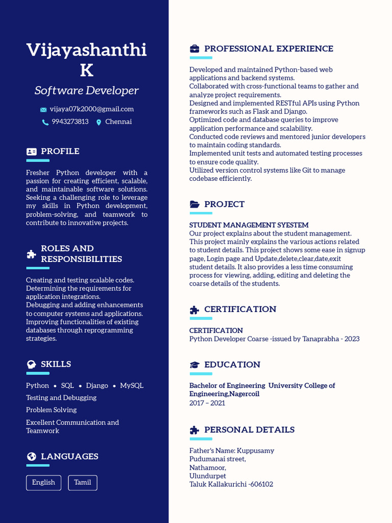 Vijayashanthi-Resume-20240119 (1) (1) | PDF | Python (Programming ...