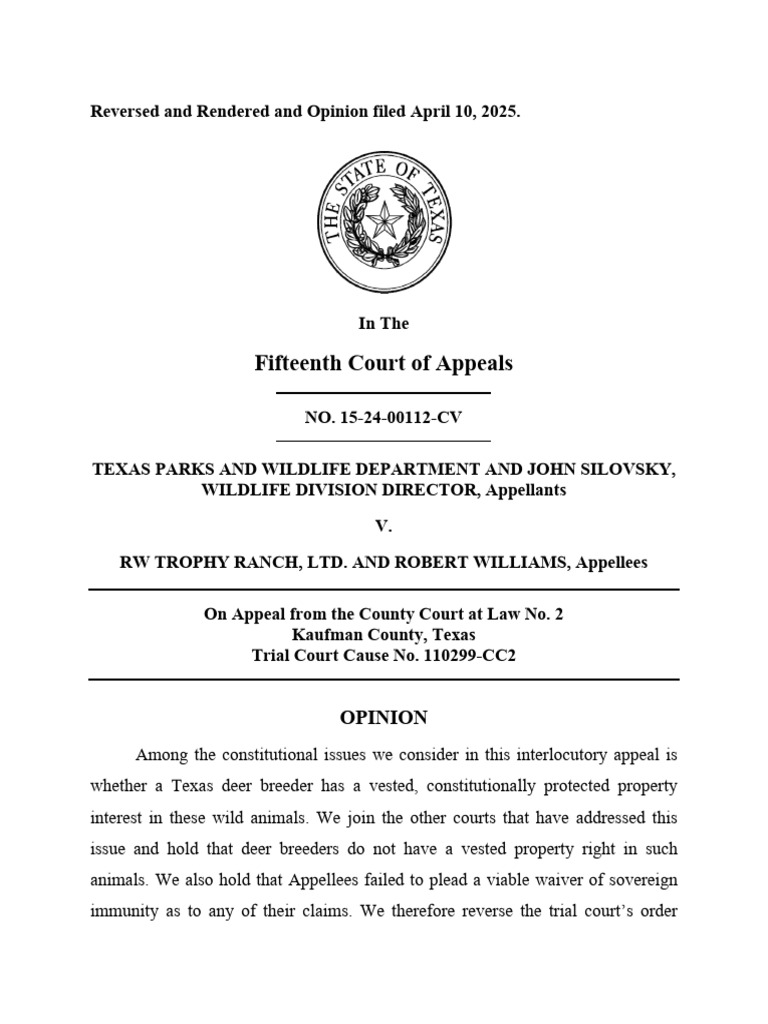 Texas Parks & Wildlife Dep't v. RW Trophy Ranch, LTD., No. 15-24-00112 ...