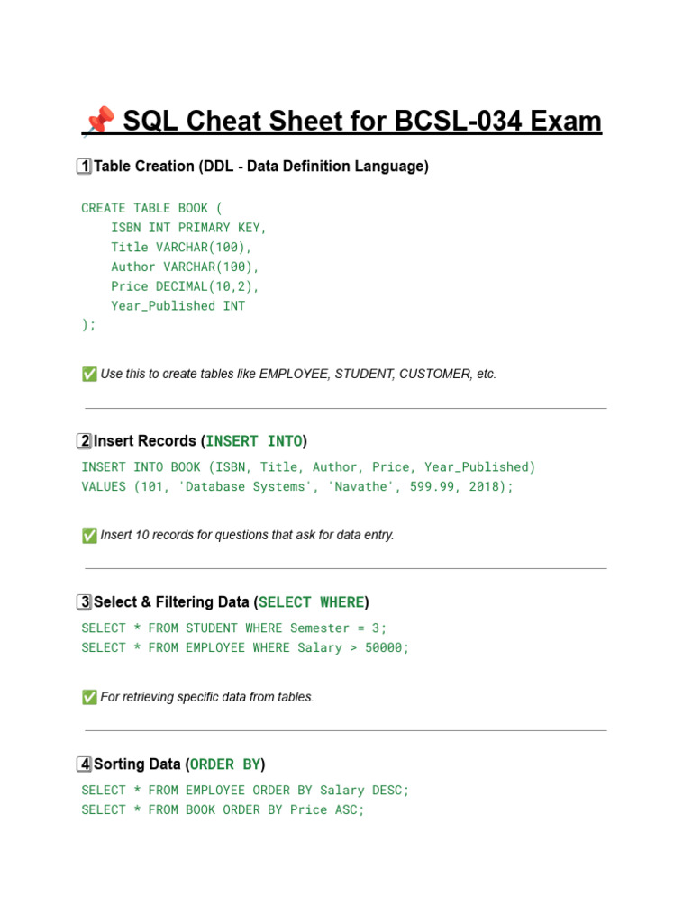 SQL Cheat Sheet for BCSL-034 Exam | PDF | Sql | Information Science