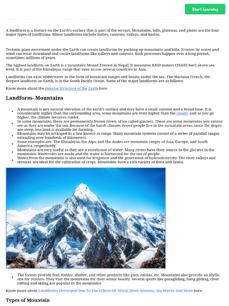 Landform - Types of Mountains, Plateaus, Plains, Hills and More | PDF