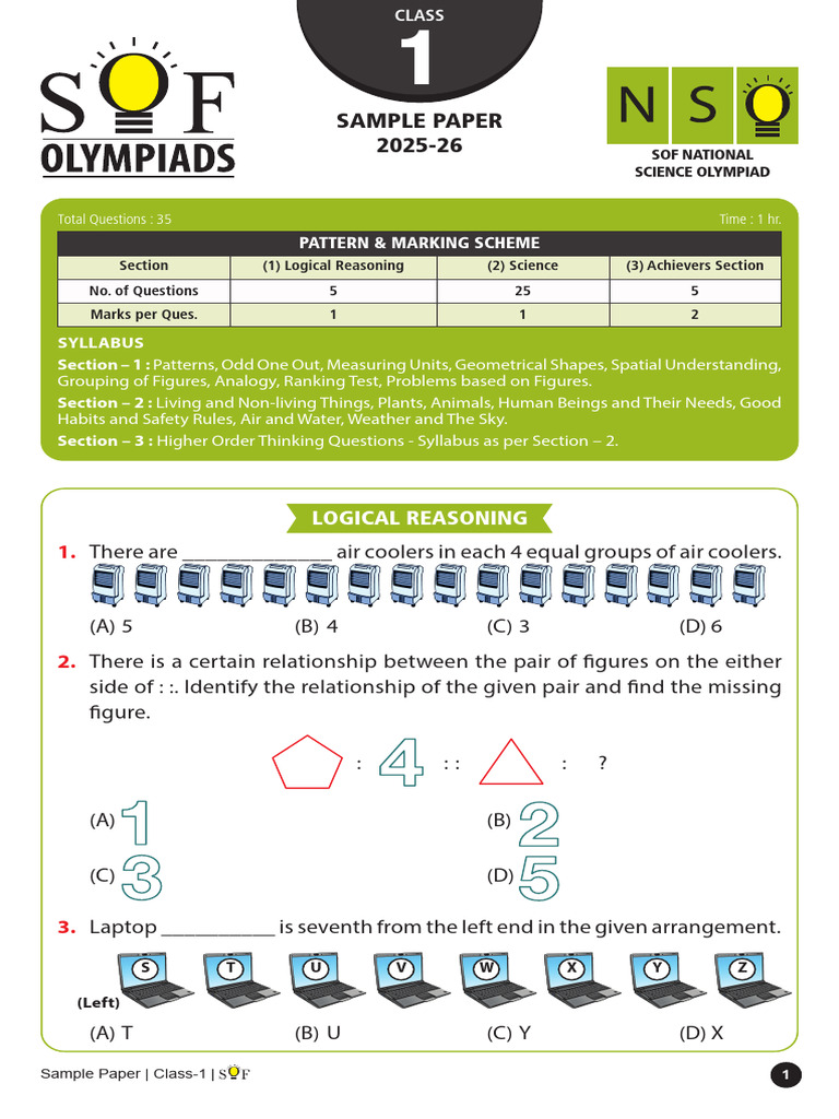 Nso Sample Paper Class-1 2025-26 | PDF | Reason