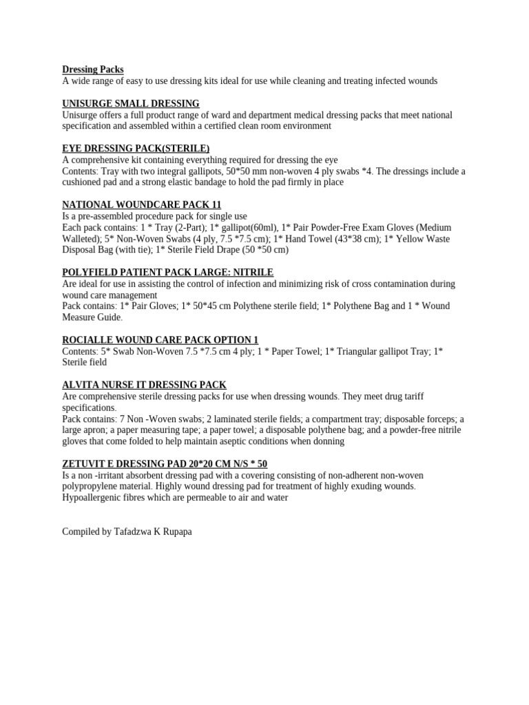 Comprehensive Wound Dressing Packs Guide | PDF