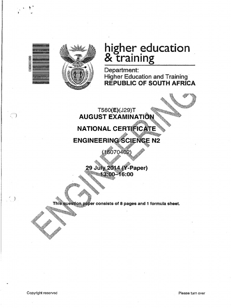 Engineering Science N2 August 2014 | PDF