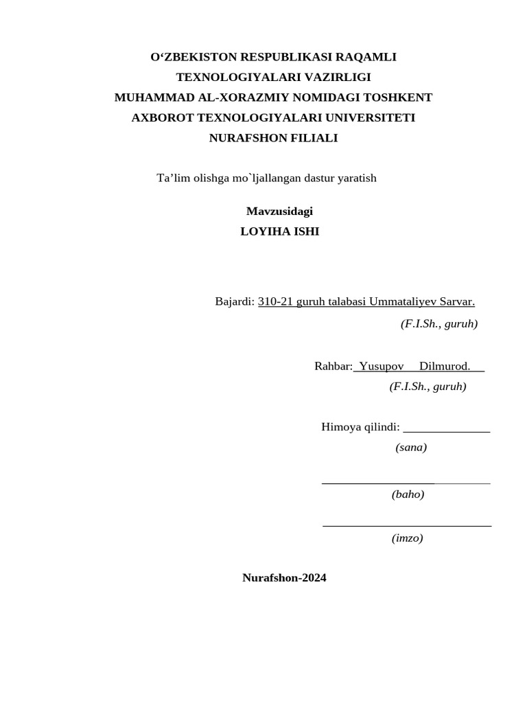 Loyiha Ishi | PDF