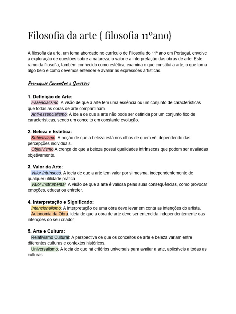 Filosofia da Arte no 11º Ano | PDF | Estética | Beleza