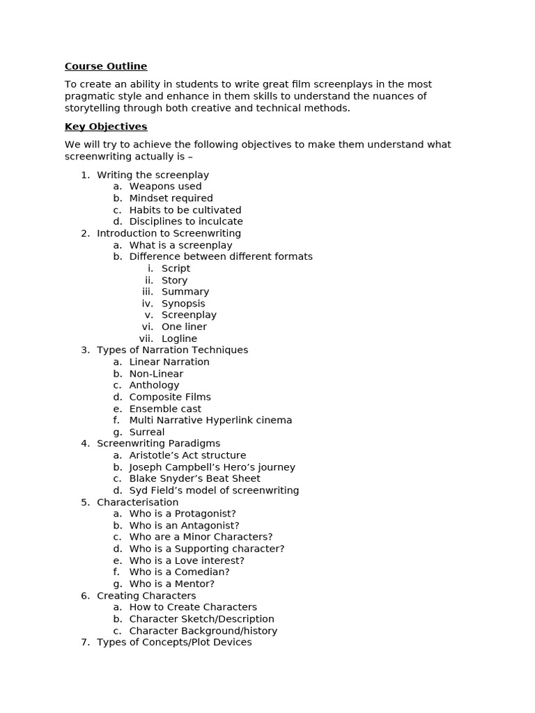 Screenplay Course Outline, Key Objectives and Output | PDF | Plot ...