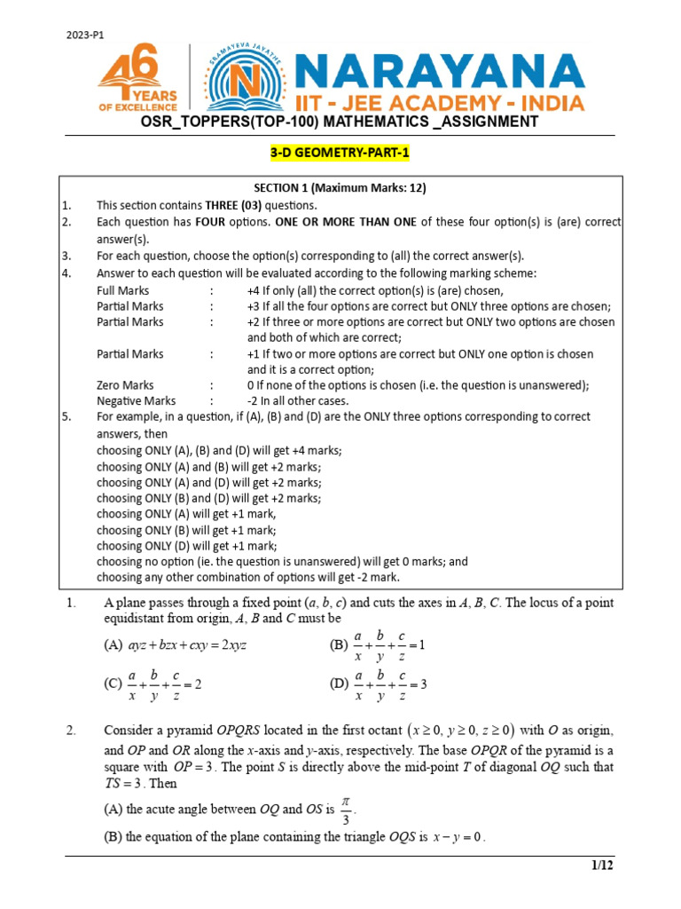 Osr Toppers (Top-100) Maths Assignment 3-d Geometry Part-I | PDF ...