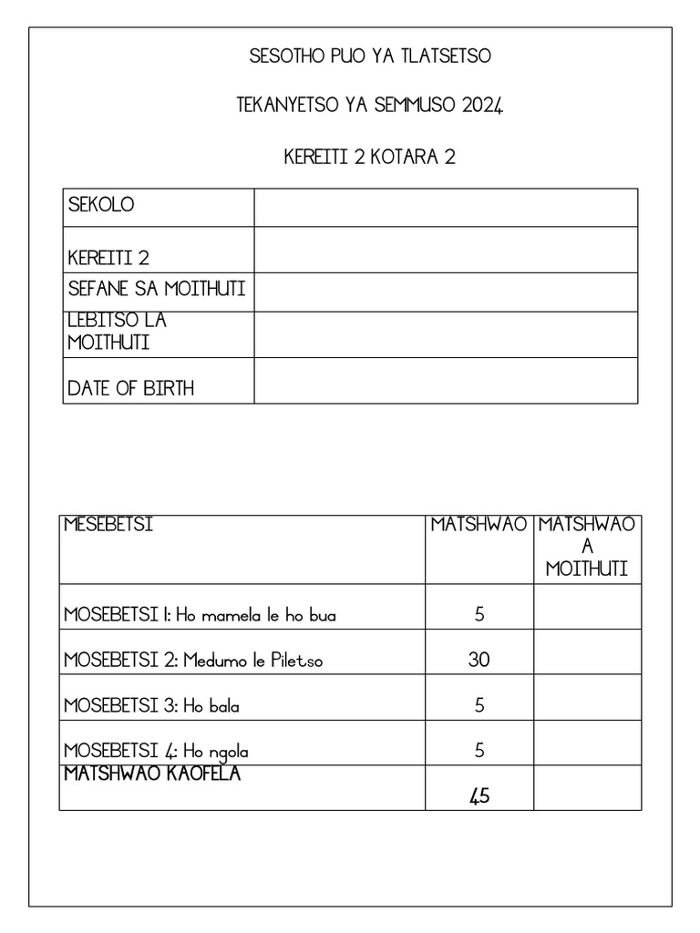 SOTHO FAL Grade 2 Term 2 Task - 2024 | PDF