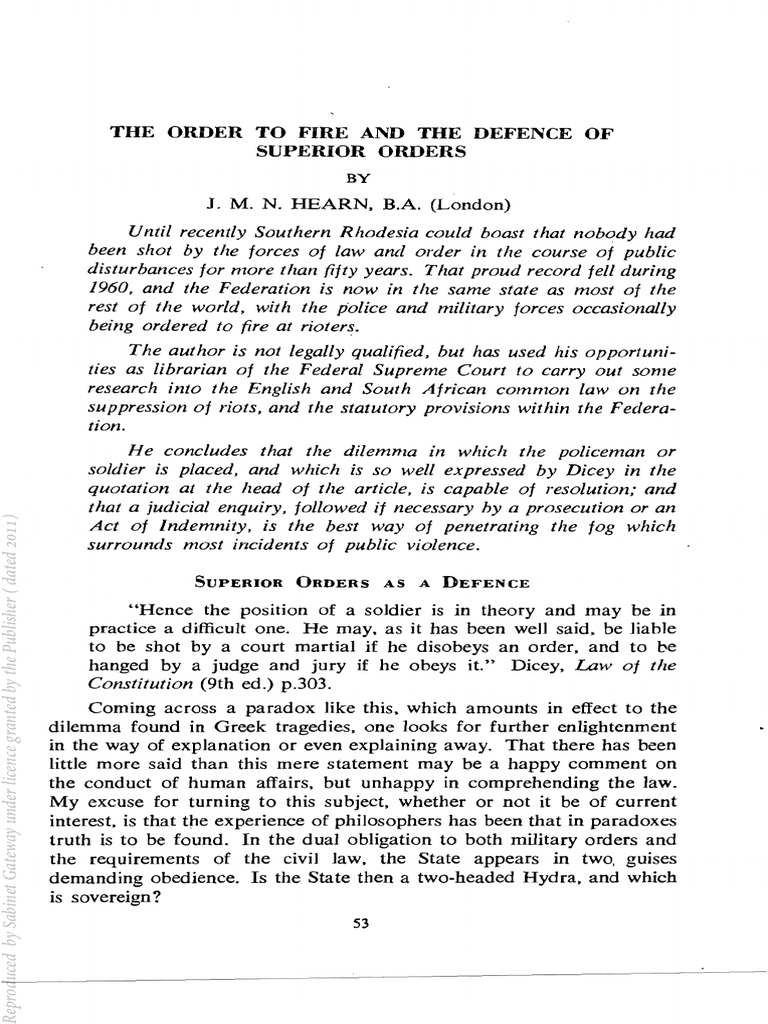 Hearn The Order To Fire and The Defence of Superior Orders | PDF ...