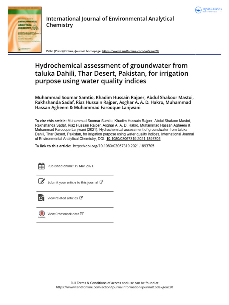 Hydrochemical Assessment of Groundwater From Taluka Dahili Thar Desert Pakistan For Irrigation ...