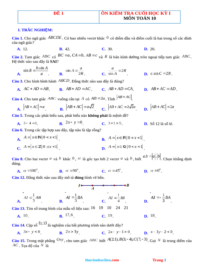 10 de Thi HK1 Toan 10 KNTT | PDF