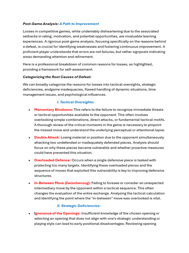 Post-Game Analysis for Competitive Improvement | PDF | Chess Strategy ...