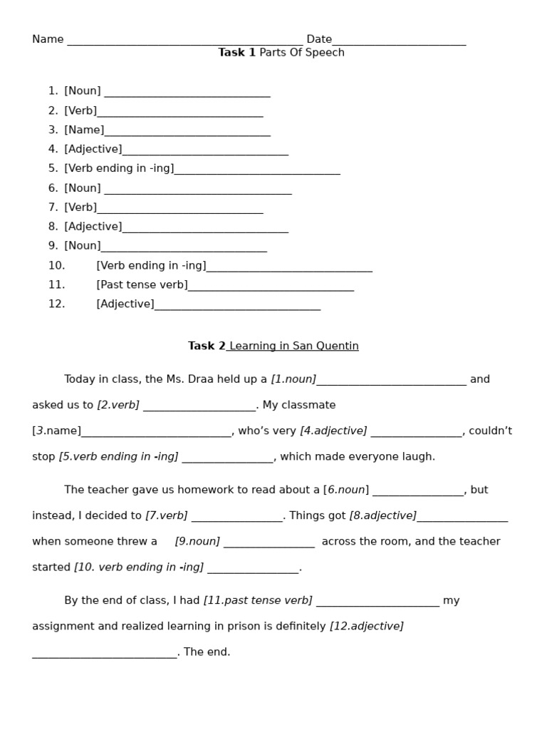 Mad Libs Parts of Speech | PDF