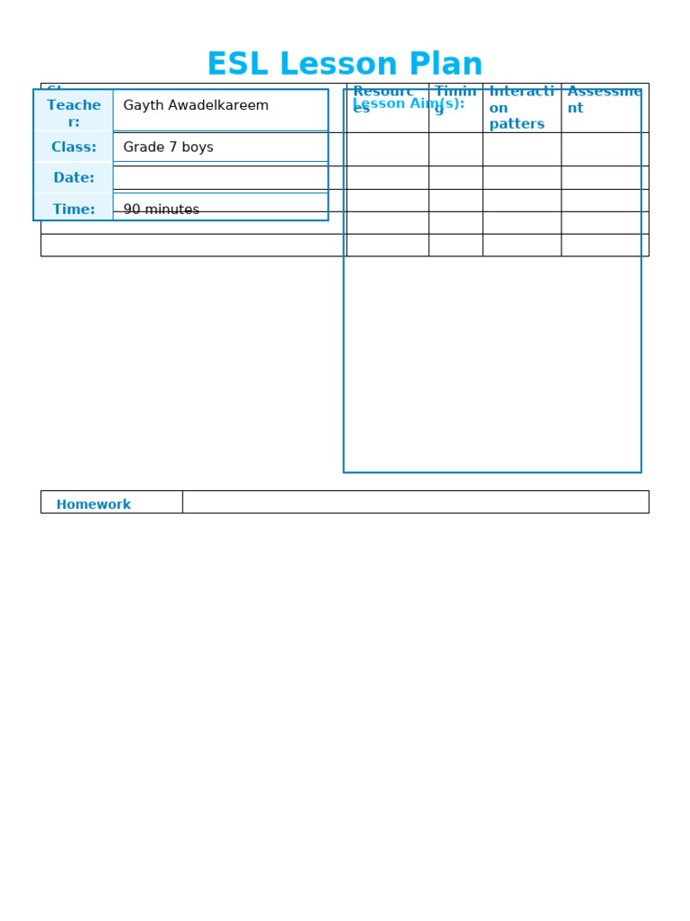 ESL Lesson Plan for Grade 7 Boys | PDF