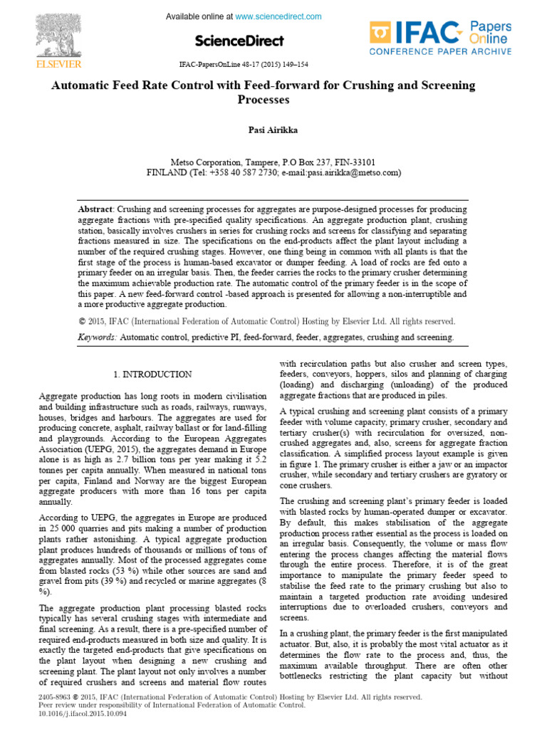 Automatic Feed Rate Control With Feed-Forward For Crushing and ...