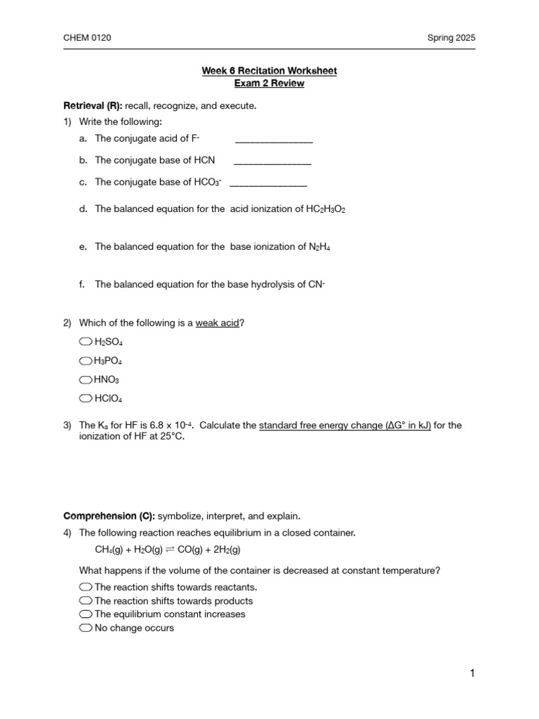 wk6 Recitation Worksheet | PDF | Chemical Reactions | Chemical Equilibrium