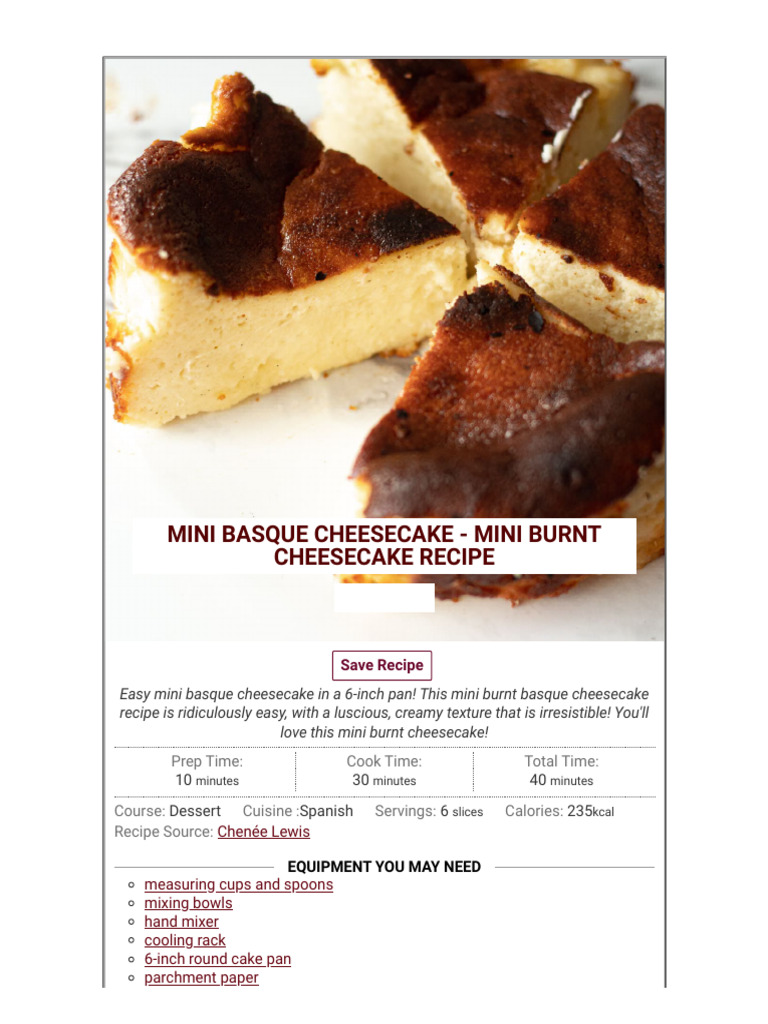 Easy Mini Basque Cheesecake Recipe | PDF | Fat | Teaspoon