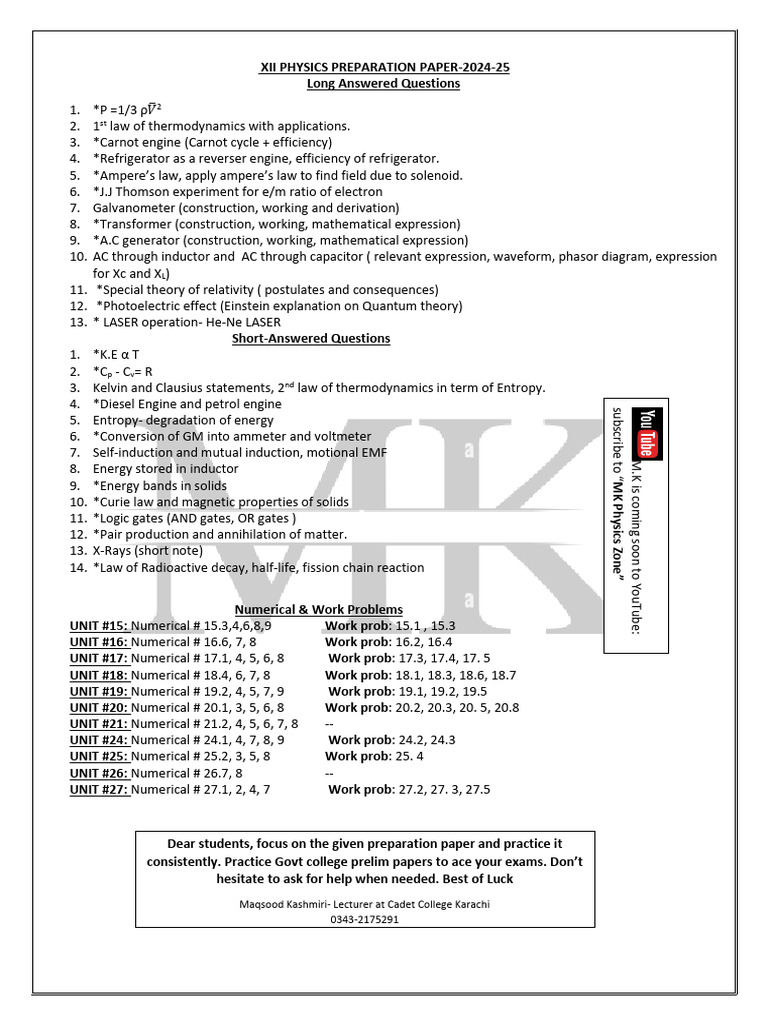 XII Physics Prep Paper 2024-25 Guide | PDF | Entropy | Thermodynamics