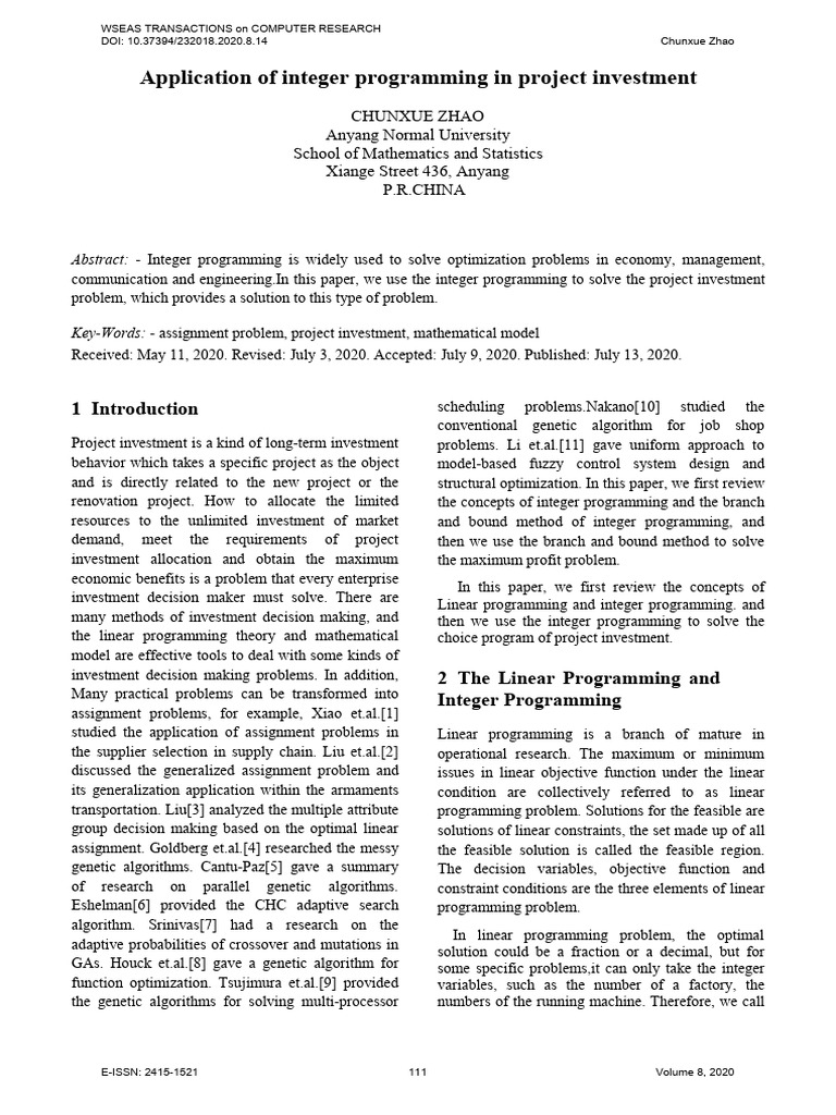 Application_of_Integer_Programming_in_Project_Inve | PDF | Linear Programming | Genetic Algorithm