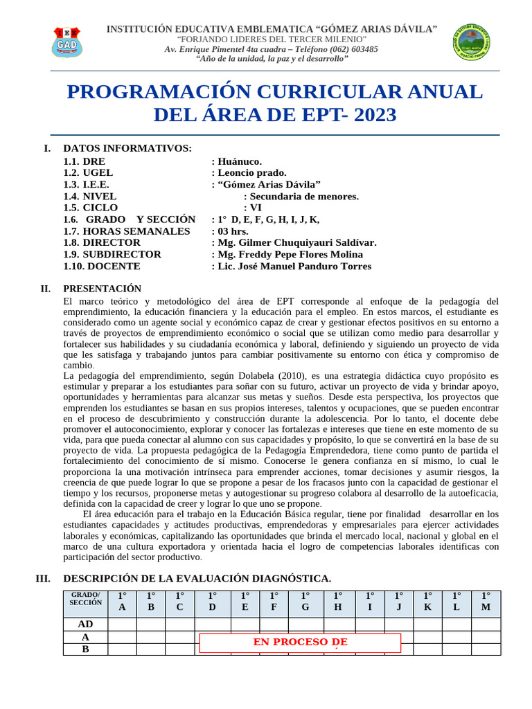 Ept 2023 Programacion Curricular Ept 1° | PDF | Enseñando | Evaluación