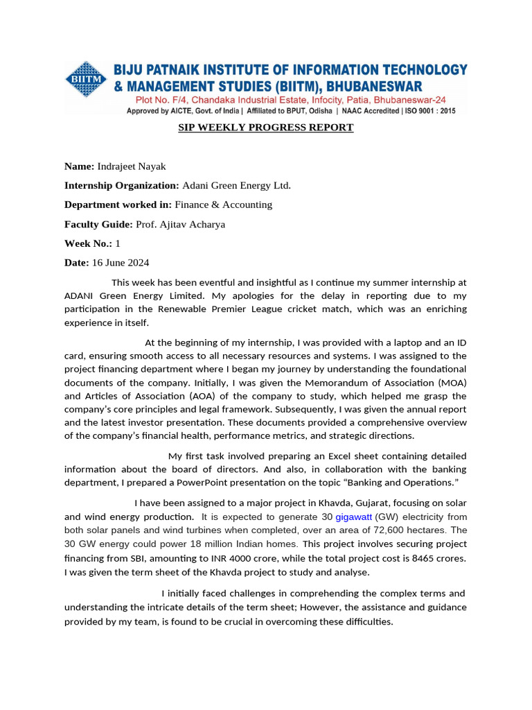 SIP Weekly Progress Report | PDF | Sustainable Energy | Renewable Energy